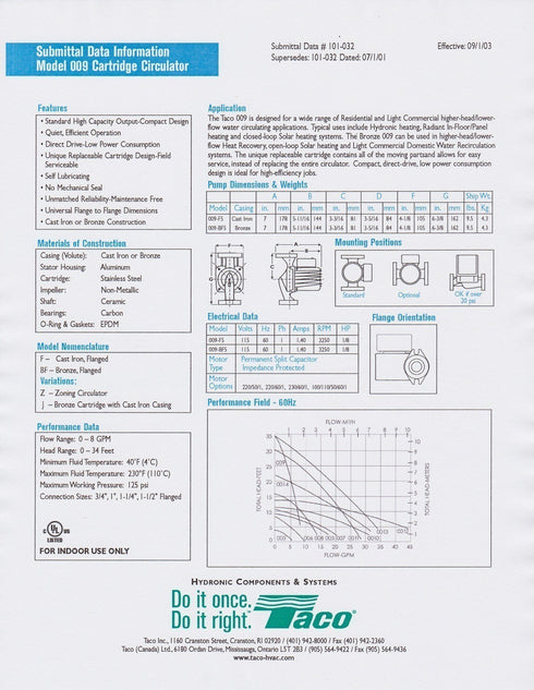 Taco 009 BF5 J Circulating Pump - Efficient Heating Solution